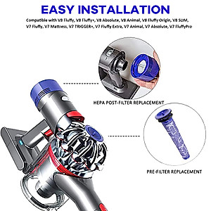 4 Pack Vacuum Filter Replacement Kit with Clean Brush for Dyson V8 Absolute, V8 Animal, V7 Absolute, V7 Motorhead, V7 Animal - 2 HEPA Post Filter, 2 Pre Filter, Replaces Part # 965661-01 & 967478-01