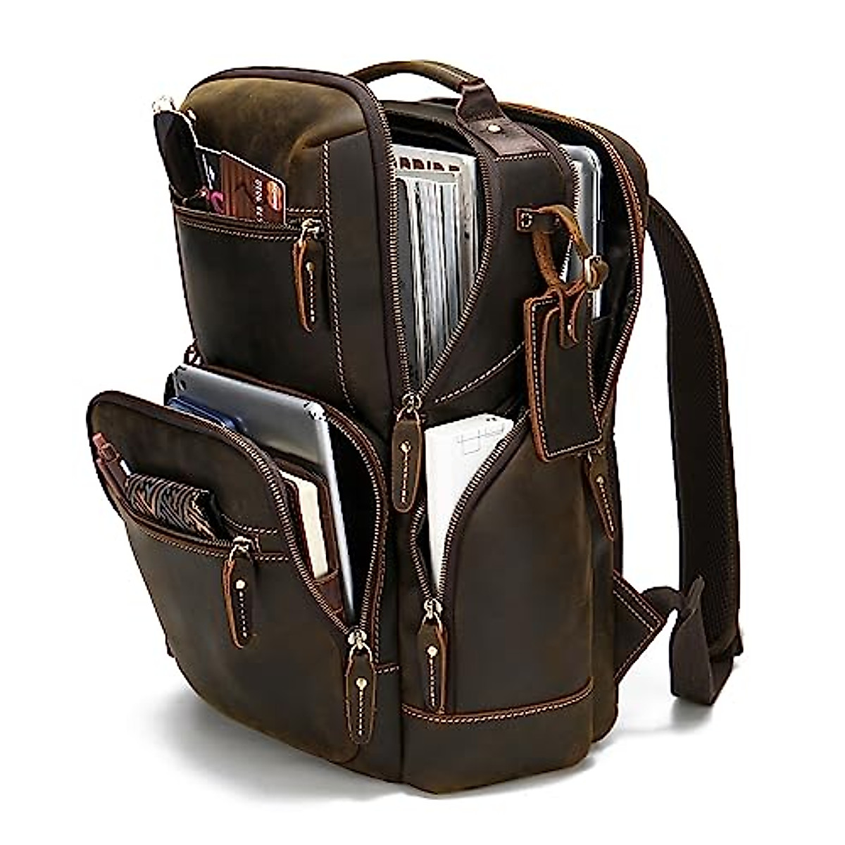 LANNSYNE Vintage Full Grain Genuine Leather Backpack For Men, fits 16" Laptop Travel Hiking Bag Camping Rucksack Brown