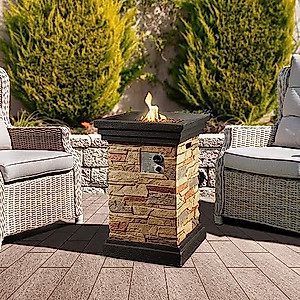 Teamson Home 40,000 BTU Square Slate Rock Look Steel Outdoor Fire Pit Pillar Outside Propane Gas Firepit with 6.6 Pounds Lava Rocks and PVC Cover for Patio Garden Backyard, 20 Inch, Brown