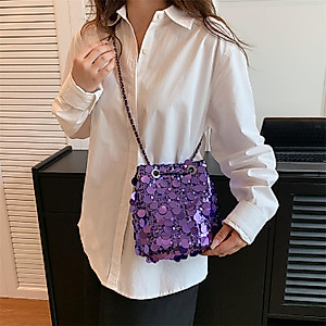 Glitter Sequin Evening Shoulder Crossbody Bag Women Bling Handbag and Purse Sparkly Prom Party Bucket Bag (Purple)
