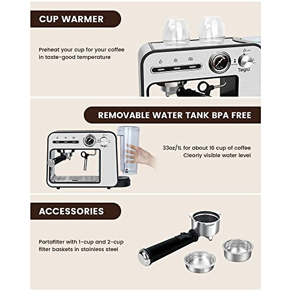 Teglu Espresso Machine 20 Bar with Milk Frother, Semi-Automatic Latte & Cappuccino Coffee Maker Duo-cup 33oz/1L Removable Water Tank for Home/Office, 1450W, Stainless Steel