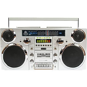 GPO Brooklyn 1980S-Style Portable Boombox - CD Player, Cassette Player, FM Radio, USB, Wireless Bluetooth Speaker - Silver