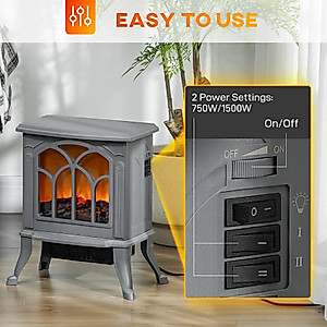 HOMCOM 17" Freestanding Electric Fireplace Stove, Fire Place Heater with Realistic Logs and Flame Effect and Overheat Protection, 750W/1500W, Gray