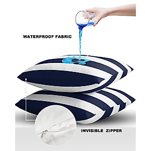 Outdoor Pillow Covers 26x26 Waterproof Polyester Throw Pillow Covers, Navy Blue White Stripes Decorative Pillowcases Garden Cushion Case for Patio Couch Sofa Decoration Set of 2, Geometric Summer