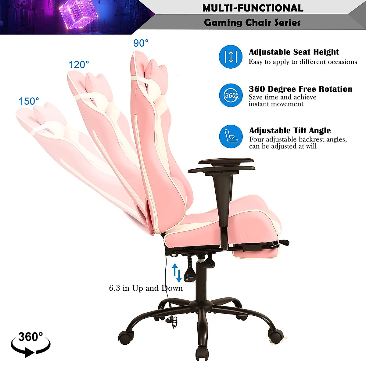 Gaming Chair, Height Adjustable Swivel Rolling Chair with Headrest Footrest and Massage Lumbar Support, PU High Back Ergonomic PC Chair for Office or Gaming, Office Gaming Chair