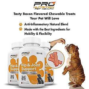 Hip & Joint Supplement- Improves Mobility, Joint Flexibility, & Arthritis Pain Relief. Powerful Ingredients Turmeric, Chondroitin, Glucosamine & MSM. Soft Chewable Bacon Flavor Tablet for Dogs & Cats.