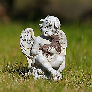 Topadorn Angel Wings with A Little Dog in Arms Angel Resin Statue, Angel Figurine Tabletop Decor Angel Pray Design Display