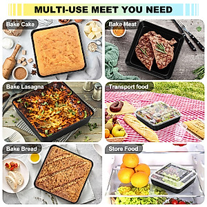 P&P CHEF Square Baking Pan with Lid, 8 x 8 x 2 Inch, Nonstick Stainless Steel Square Cake Pan and Plastic Lid, Black Bakeware for Lasagna Brownies, Durable & Easy Clean, 2PCS (1 Pan + 1 Cover)