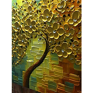 YaSheng Art - 3D Oil Paintings On Canvas Golden Flowers Tree Paintings Abstract Artwork Wall Art For living Room,Dinning Room Home Decor Framed Stretched Ready to Hang 24x24inch