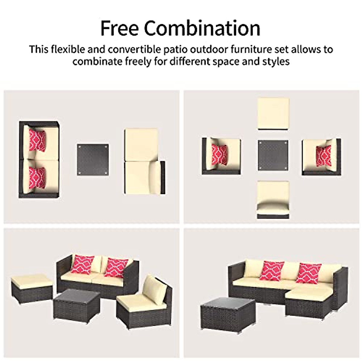 Aiho Outdoor Patio Sectional Furniture Sets All Weather Outdoor Sectional Sofa PE Garden Furniture Wicker Rattan Patio Conversation Set with Glass Table (Beige)