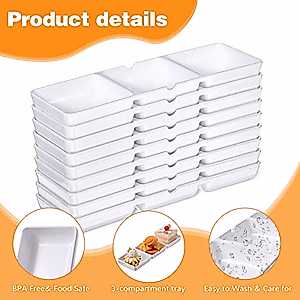 12 Pcs Small White Plastic Appetizer Serving Tray 3 Compartment Serving Dishes Reusable Stackable Sectional Serving Platter Rectangular Divided Split Dish for Restaurant Kitchen Food Candy