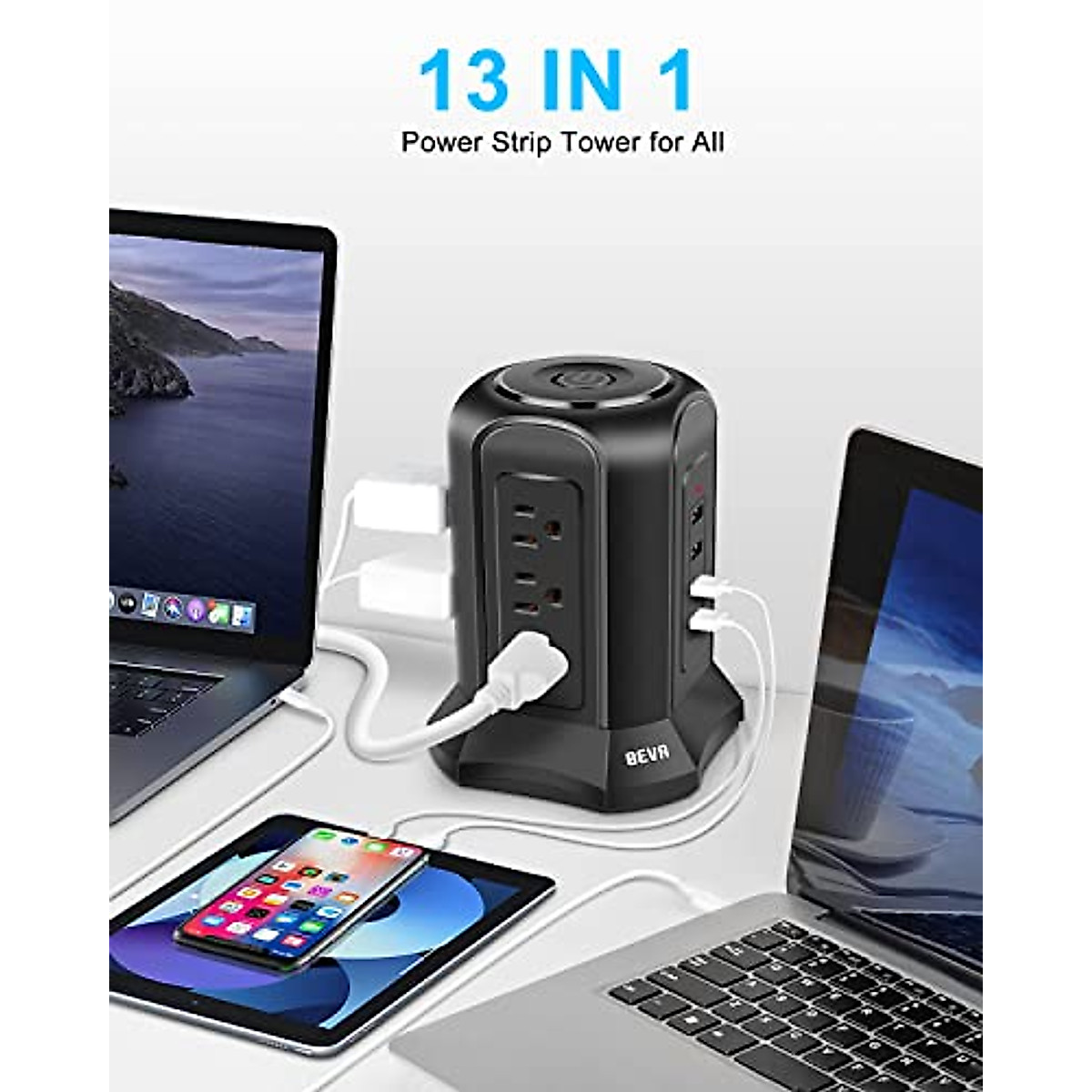 Power Strip Tower Surge Protector, BEVA Surge Protector Tower with 9 AC Outlet and 4 USB Ports, 18AWG 6.5 Feet Extension Cord, 3-Prong Flat Plug, Multiple Outlets for Office Apartment Dorm Essentials