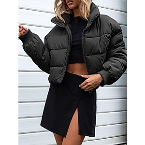 MEROKEETY Women's Winter Cropped Puffer Jacket Long Sleeve Oversized Stand Collar Zip-Up Short Coat