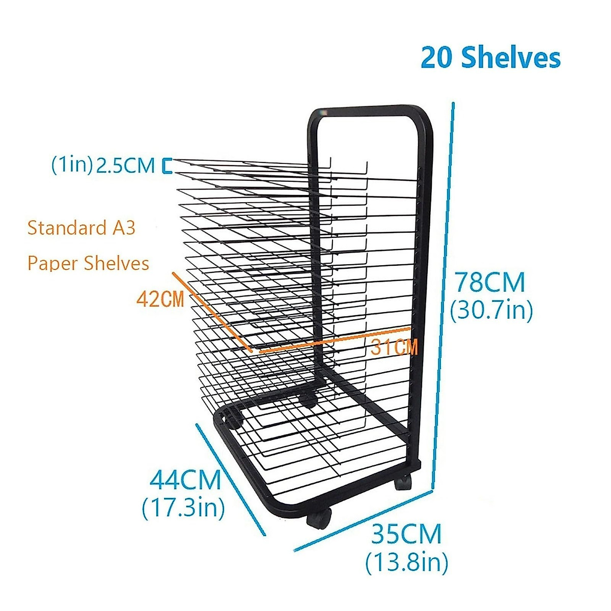 Metal Steel Wire Drying Rack for Classroom Painting Crafts, Artworks Prints Storage Art Display Rack for Art Studio and Home Use, Easy Moving with Wheels, Black (Size : 20 Shelves)
