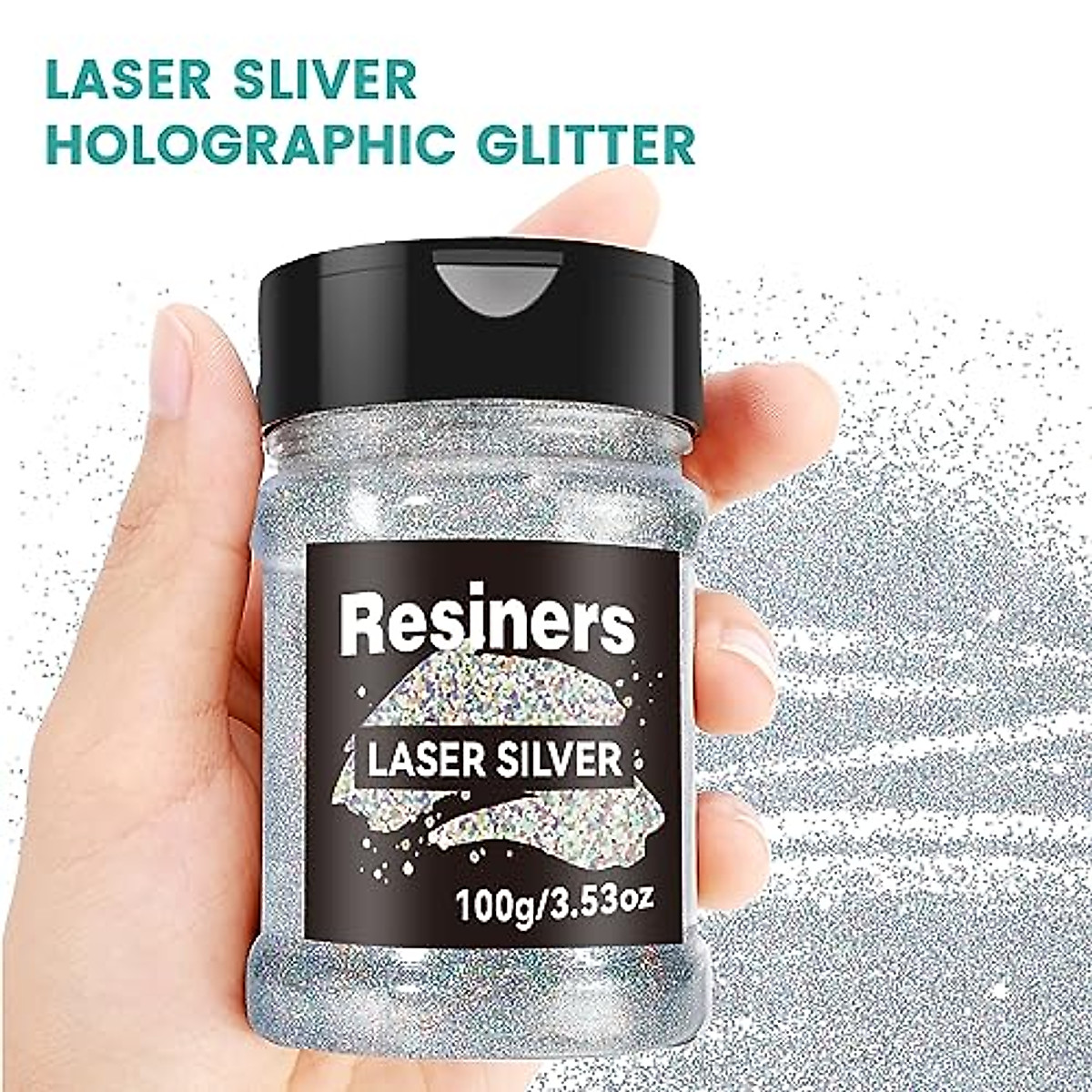 Resiners Holographic Ultra Fine Glitter Powder - 3.53oz/100g, 1/128" Metallic Epoxy Resin Glitter Sequins Flakes for Tumblers,Slime, Nails, Paint, Art Crafts - Laser Silver