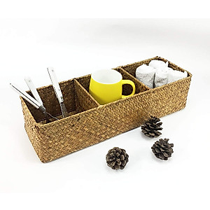 3-Section Larger Toilet Tank Topper Paper Basket,Hand-woven Seagrass Storage Rectangular Basket and Home Organizer Bins,Natural Water Hyacinth Basket (brown middle)