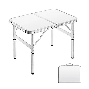 Moosinily 2 Feet Outdoor Folding Table Aluminum Lightweight Small Picnic Table Ajustable Height Portable Table with Carry Handle for Beach, Picnic, Indoor, White