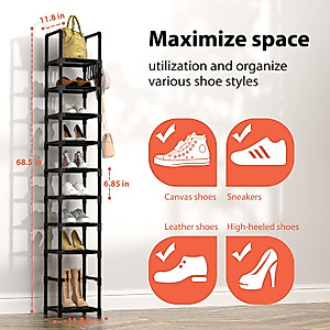 LUKYTOWER Tall Shoe Rack Narrow 10Tier Shoe Racks Organizer for Closet 10-15Pairs, Storage Rack for Shoes with 5Hooks, Sturdy Metal Shoe Shelf, Vertical Skinny Shoe Stand for Small Space