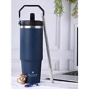 30 oz Stainless Steel Vacuum Insulated Tumbler with Handle Lid and Straw Leak and Spill Proof Travel Tumbler Cup with 2 Lids and Teddy Straw Cap Water Tumblers for Women and Men 890 ml