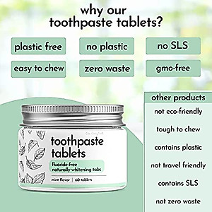 Toothpaste Tablets and Bamboo Toothbrush - Travel Teeth Whitening Tabs for Adults & Kids, Fluoride-Free, Gluten-Free, Plastic-Free, Vegan, Travel Friendly, Eco-Friendly, Spearmint (60 Tabs)