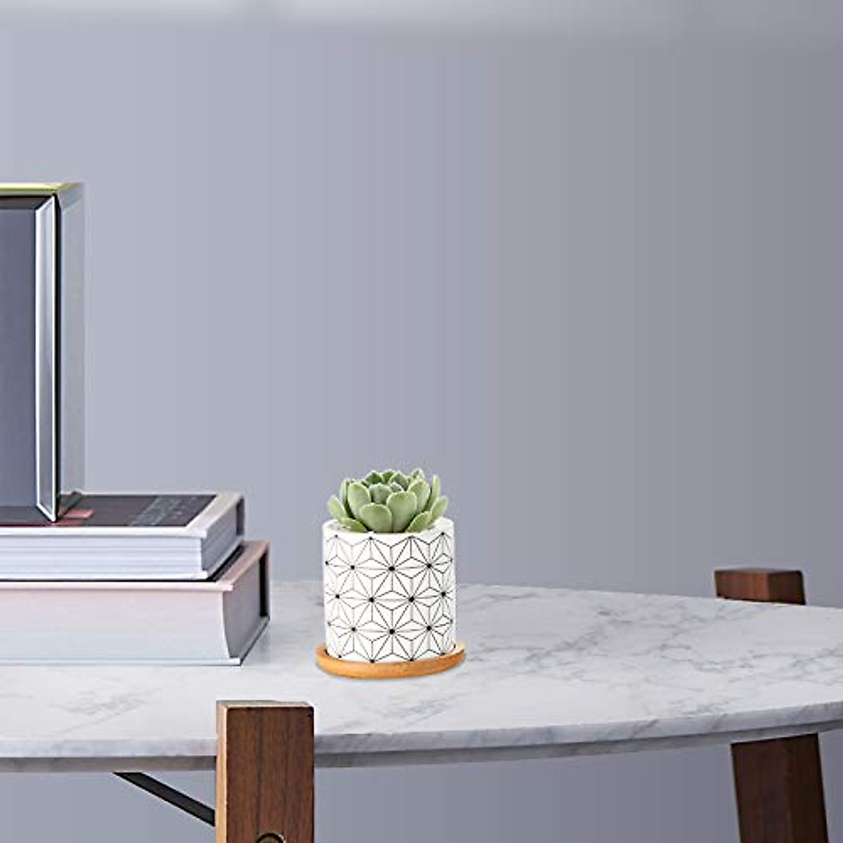 ZOUTOG Succulent Pots, 3 inch Ceramic Mini Succulent Planter Pot, Geometric Pattern Round Small Flower Pots with Drainage and Bamboo Tray, Pack of 6 - Plants Not Included