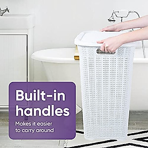 Wicker Laundry Hamper With Lid 50 Liter - White Laundry Basket 1.40 Bushel Durable Bin With Cutout Handles - Easy Storage Dirty Cloths in Washroom Bathroom, Or Bedroom. By Superio
