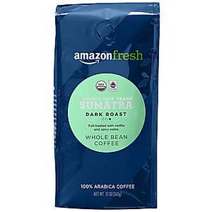 Amazon Fresh Organic Fair Trade Sumatra Whole Bean Coffee, Dark Roast, 12 Ounce