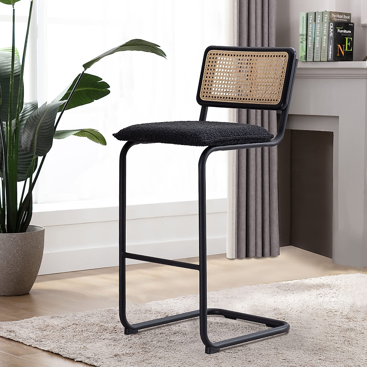 ONEVOG Boucle Rattan Bar Stools Set of 2, 29'' Bar Height Stools with Natural Cane Back, Solid Wood Frame Bar Chairs with Chrome Legs, Cantilevered Design Upholstered Stools, Black