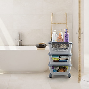 Vcansay 3 Packs Plastic Stacking Storage Basket, Large Stacking Bins with Wheels, Gray