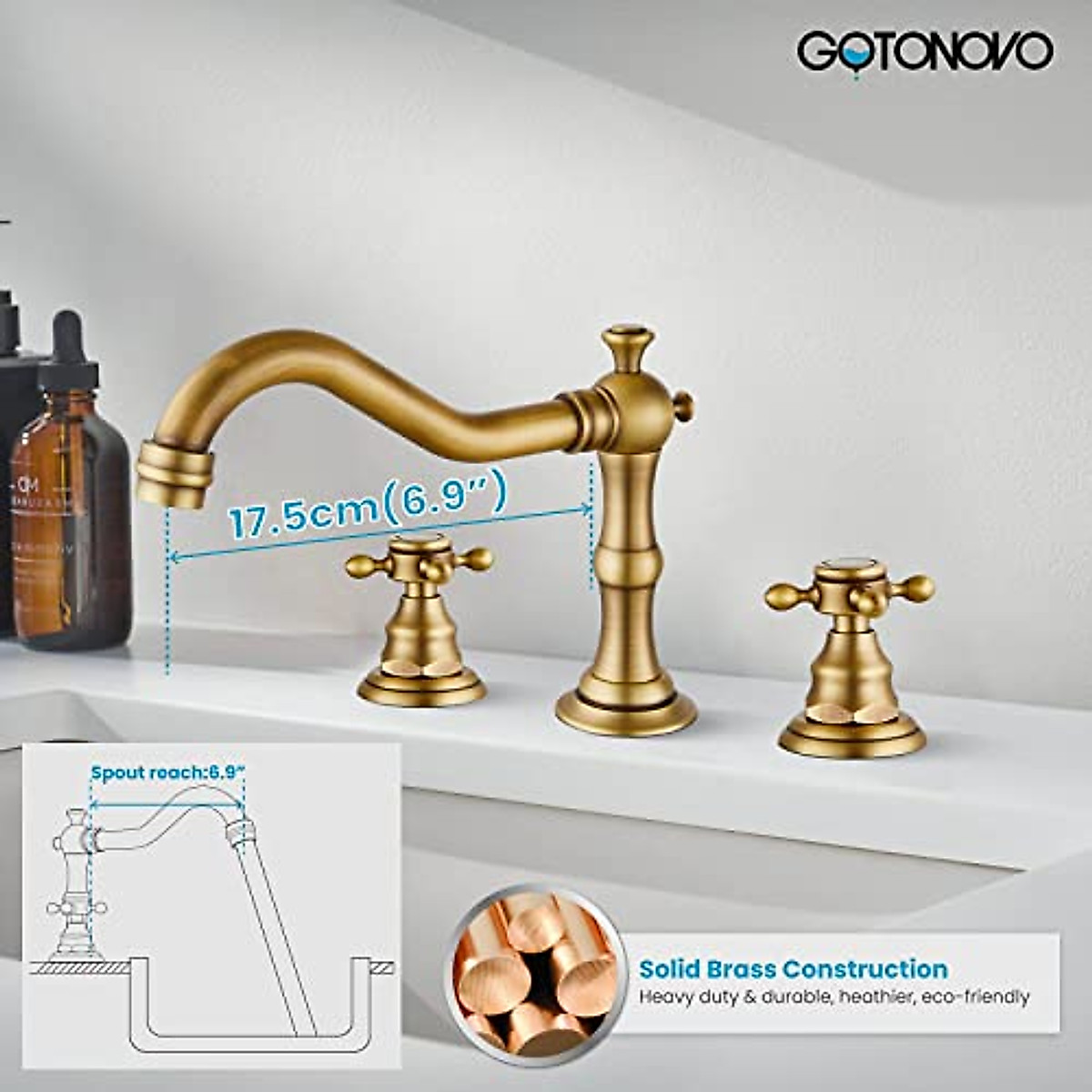 gotonovo 3-Hole Widespread Bathroom Faucet Double Cross Handle Mixer Tap for Bathroom Sink Deck Mount Hot Cold Water Matching Pop Up Drain with Overflow Antique Brass Victorian Spout