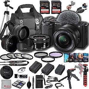 Sony ZV-E10 Mirrorless Camera with 16-50mm Lens, 128GB Extreem Speed Memory,.43 Wide Angle & 2X Lenses, Case. Tripod, Filters, Hood, Grip,Spare Battery & Charger, Editing Software Kit -Deluxe Bundle