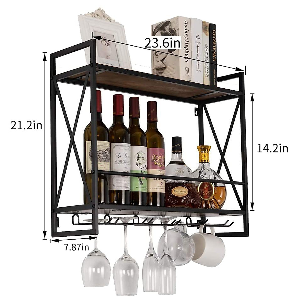 RGB IC LED Wine Racks Wall Mounted, Remote Control and 5 Stem Wine Glass Holders, 23.6 in Industrial Metal Hanging Wine Rack, Rustic Bottle Holder Glass Rack, 2-Tiers Bar Shelves for Home, Dining Room