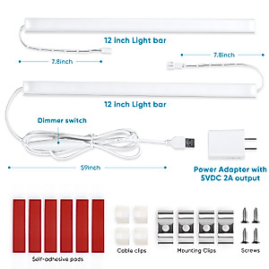 Litever Plug-in Under Cabinet Lighting Kit with Adapter, Dimmer, 2 pcs 12 Inch USB LED Light Strips. Dimmable Linkable for Kitchen Counter, Workbench, Over Sink, Closet, Pantry. Cool White 4000K