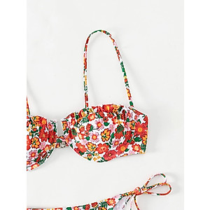 WDIRARA Women's Floral Print Underwired Tie Side 2 Piece Bikini Set Cute Swimsuit Red & Green Multi L