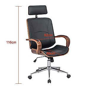 IDS Home Modern High Back Walnut Wood Office Chair with PU Leather Curved Ergonomic Bentwood Seat Swivel, Executive Wheels, Headrest Lumbar Support, Height Adjustment - Black