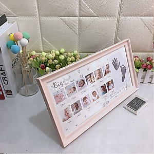 weallbuy Baby Picture Frame First Year, Baby Handprint and Footprint Kit with Ink Pad, 12 Month Milestones Baby Gift, Anniversary Growth Record Keepsake for Mom/Newborn (Pink)