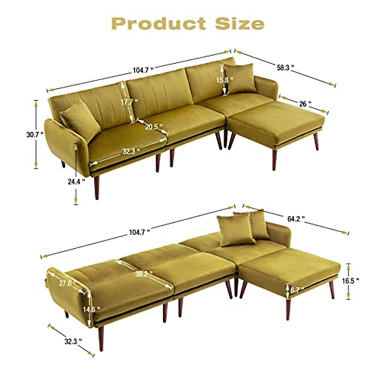 JOMEED Convertible Sectional Sofa Couch, Modern Oversized Velvet Fabric L-Shaped Couch Sofa Bed with Adjustable Backrest for Living Room, Apartment