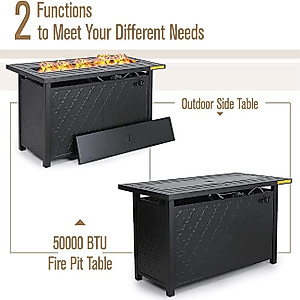 MFSTUDIO 8 Pieces Patio Furniture Set with 45" Plate Embossing Propane Fire Table,Outdoor PE Rattan Sectional Sofa Gas Pit Conversation Blue Cushions & Glass Table