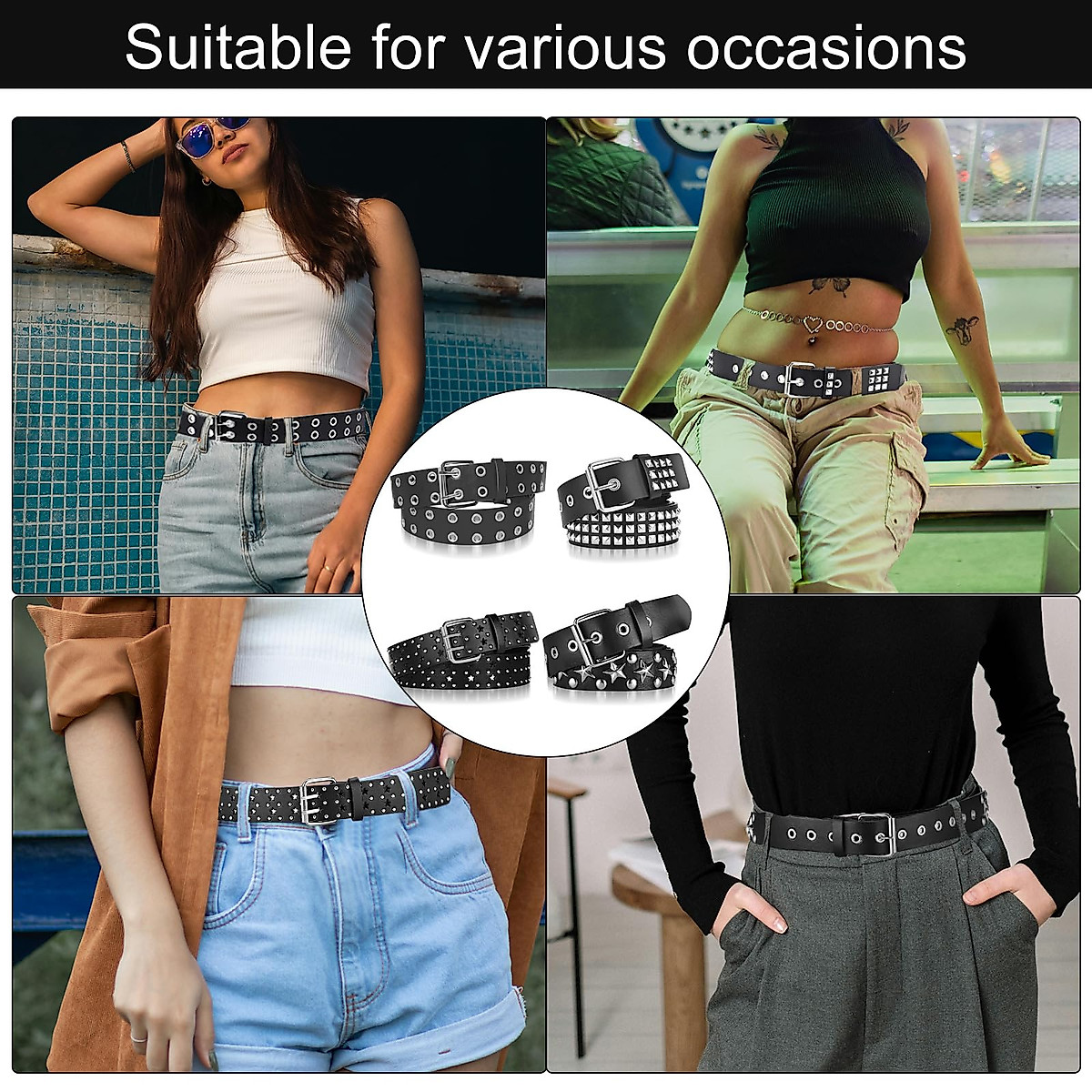 Olutacot 4 Piece Studded Rivet Double Grommet Belt Set - Faux Leather Gothic Goth Black - Punk Style Accessories for Men Women - Ideal Gift