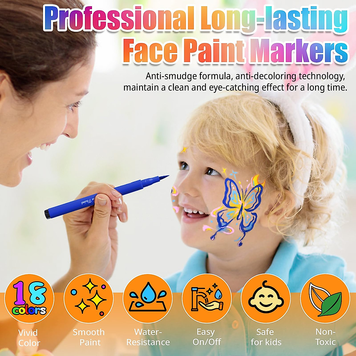 Drawdart 18 Colors Face Painting Markers, Water Resistance Sweatproof Halloween Face Body Paint Markers, Waterproof Tattoo Pen, Anti Smudge Face Paint Markers for Halloween Party Kids Adults