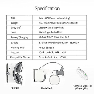 Virtual Reality Headset for Phones VR Headset with Remote Control 3D Glasses for Movies & Games Bluetooth VR Glasses with Wireless Headset for iPhone/ Samsung Compatible for iOS / Android (White)