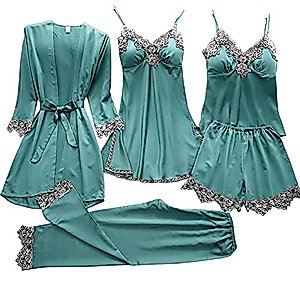 Pjs Nightwear Lace 5Pcs Pajama Women‘s Silky Set Sleepwear Sexy Set Pajama with 4 Piece Lingerie Set for (Green, L),Slips,green
