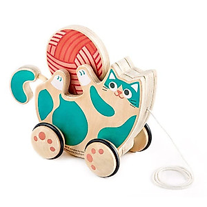 Hape Wooden Walk-A-Long Kitten Pull Toy| Roll & Rattle Push Pull Toy for Toddler| Montessori Toys for Walking Toddlers, Green