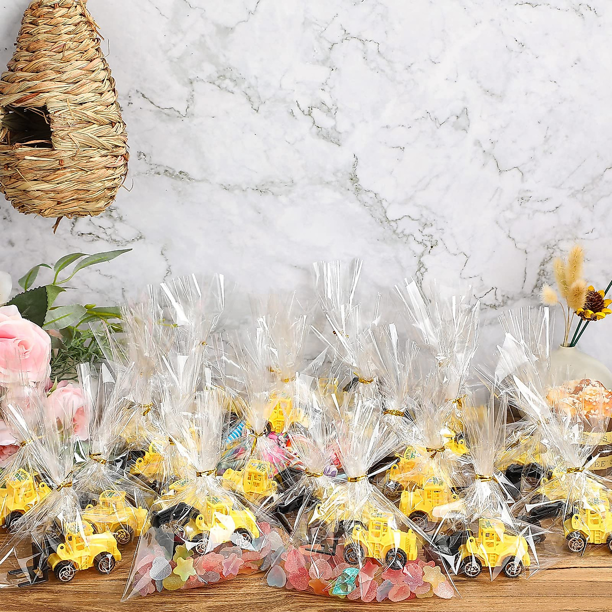 Zhanmai Mini Construction Engineering Trucks Set, 24 Pcs Small Construction Toys and Treat Bags with Twist Ties for Cake Birthday Party Favors Construction Birthday Party Supplies