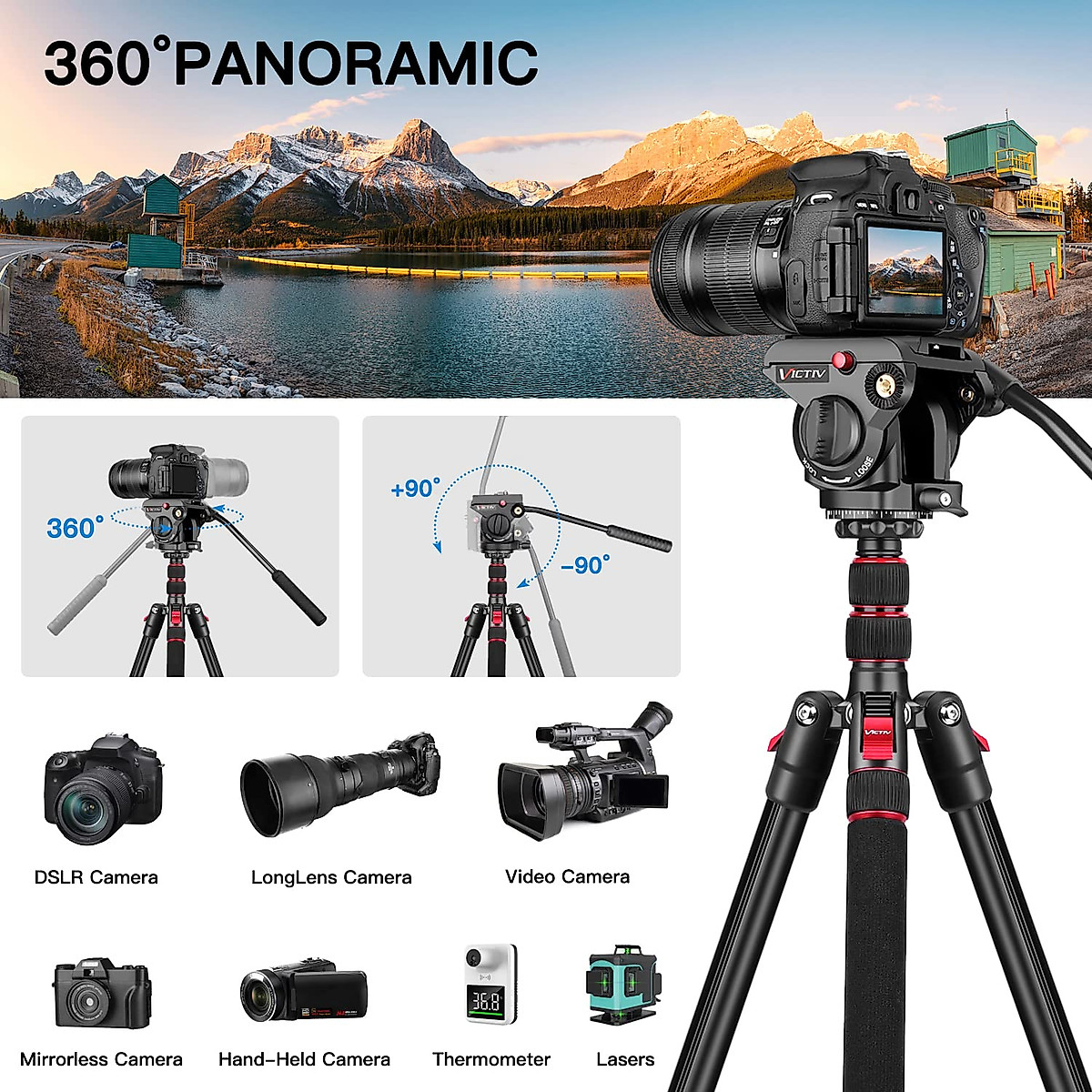 Tripod Camera Tripod, 72" Video Tripod with Fluid Head, Aluminum Heavy Duty Tripod with Carry Bag, Professional Camera Tripods & Monopods, Compatible with Video Camera, DSLR, Camcorder