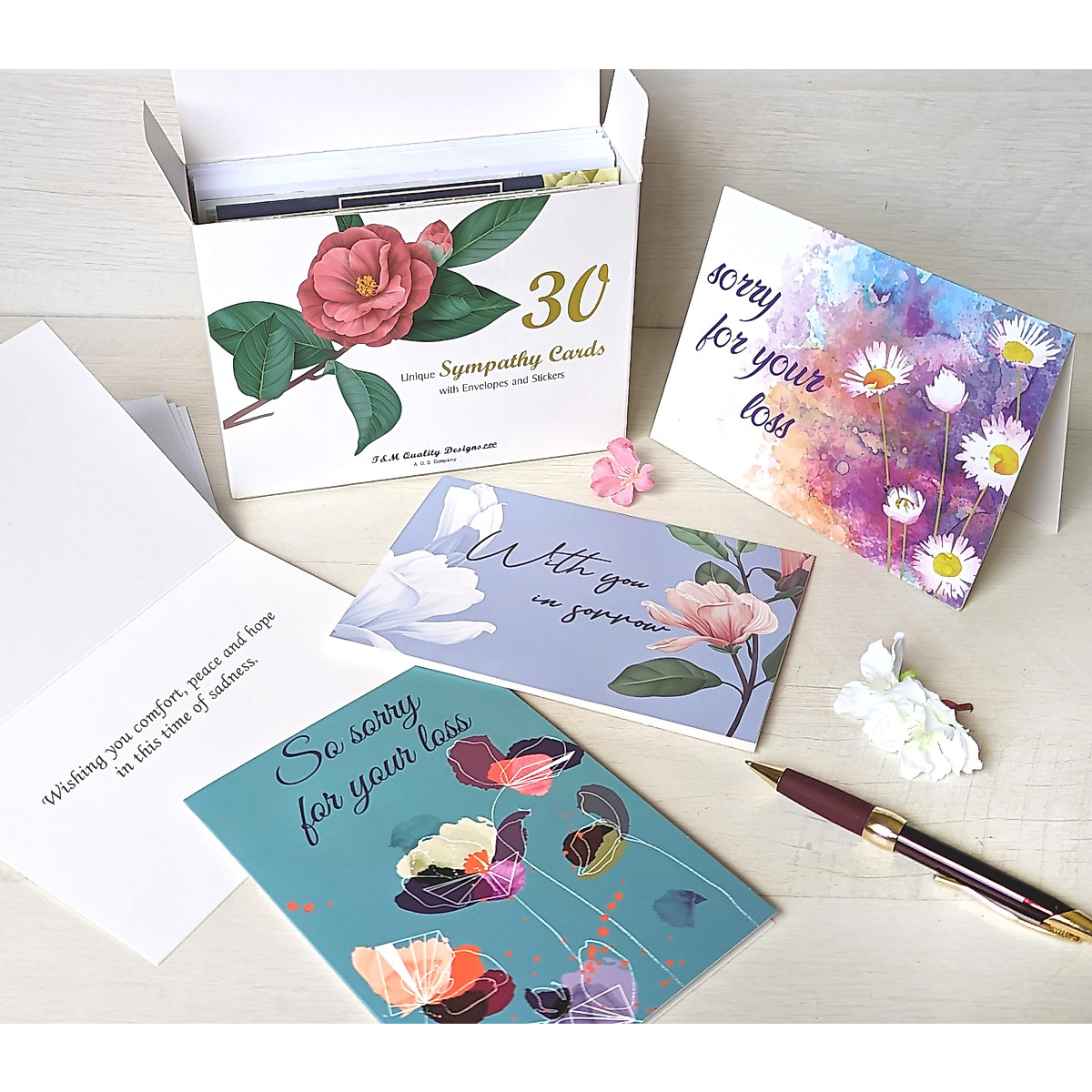Sympathy Cards with Envelopes and Stickers, 30 Unique Designs with Messages Inside, Large 5x7 Inch Folded Condolence Cards, Thick Cardstock in a Sturdy Box