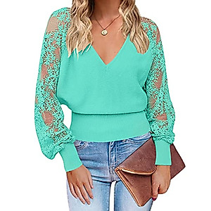 ZESICA Women's 2023 Fall V Neck Lace Patchwork Solid Color Long Sleeve Casual Knit Pullover Sweater Tops,LakeGreen,Large