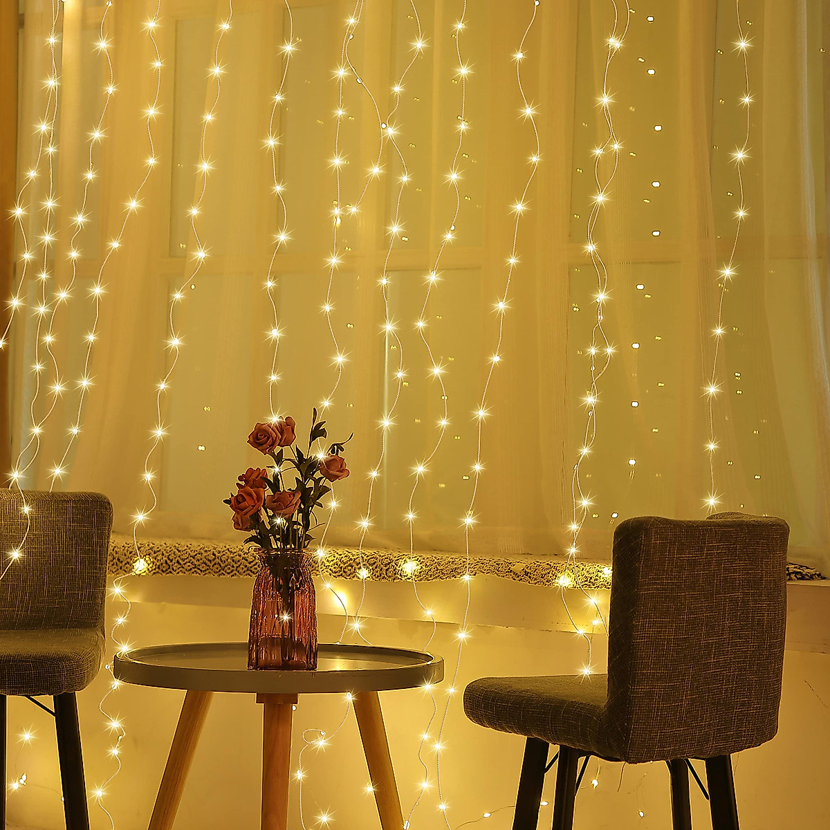 195 LED Curtain Tapestry Backdrop String Lights, 8 Strings 6.6x4.9Ft Tapestry Fairy String Light with Remote, 8 Modes Window Wall Hanging Light Strings for Bedroom Indoor Outdoor Graduation Decor