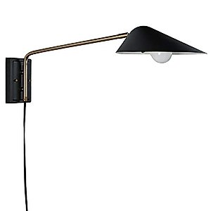Amazon Brand – Rivet Mid-Century Swiveling Long Arms, Pivoting Head, Plug-In, Hardwire or 2-in-1 Option Wall Sconce with Bulb, 11"H, Matte Black with Antique Brass - 51457
