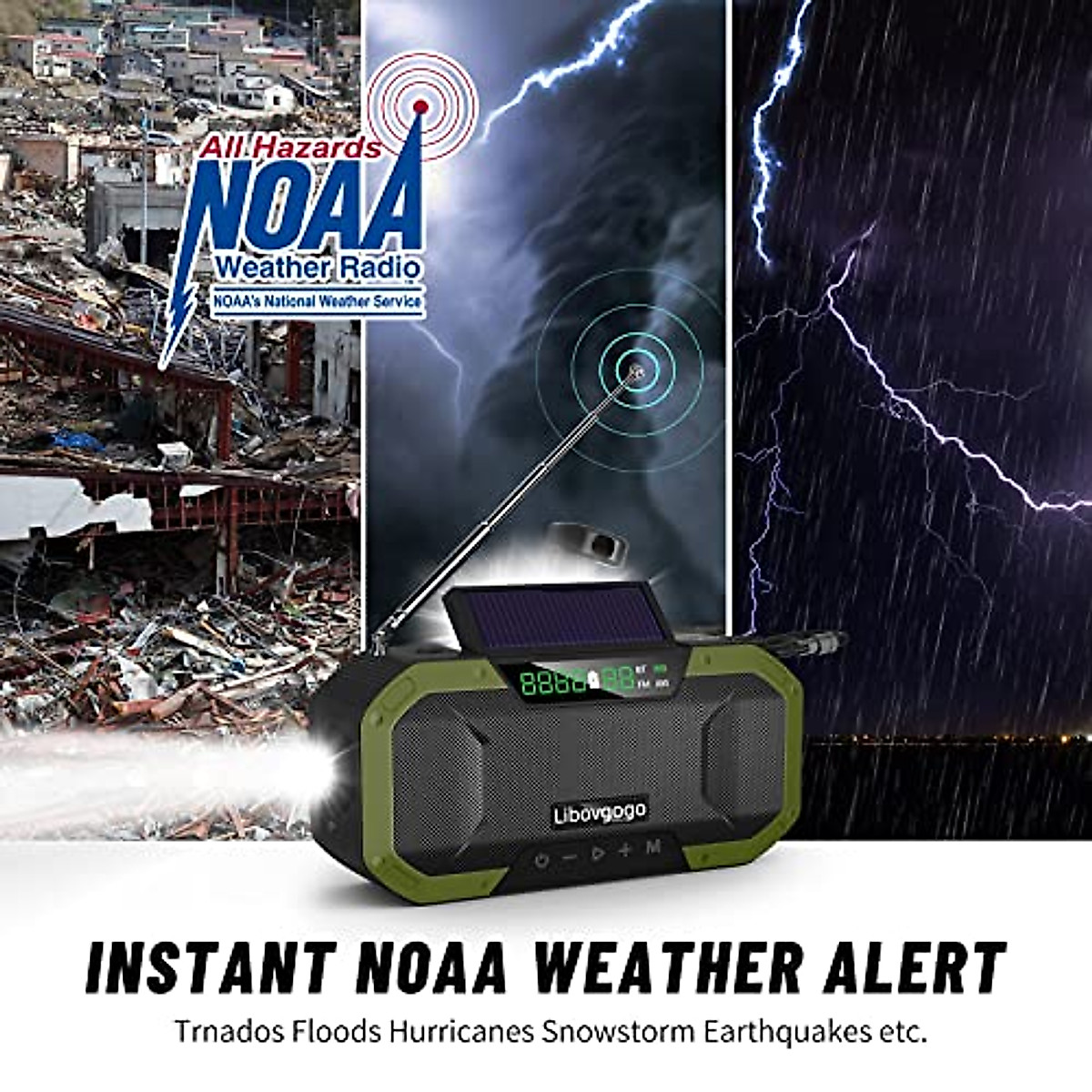 Emergency Radio Waterproof Bluetooth Speaker,Portable Digital AM FM Radio with Flashlight,Reading Lamp,Hand Crank NOAA Weather Radio with Solar Panel,5000mAH Cell Phone Charger,Emergency Survival Kit